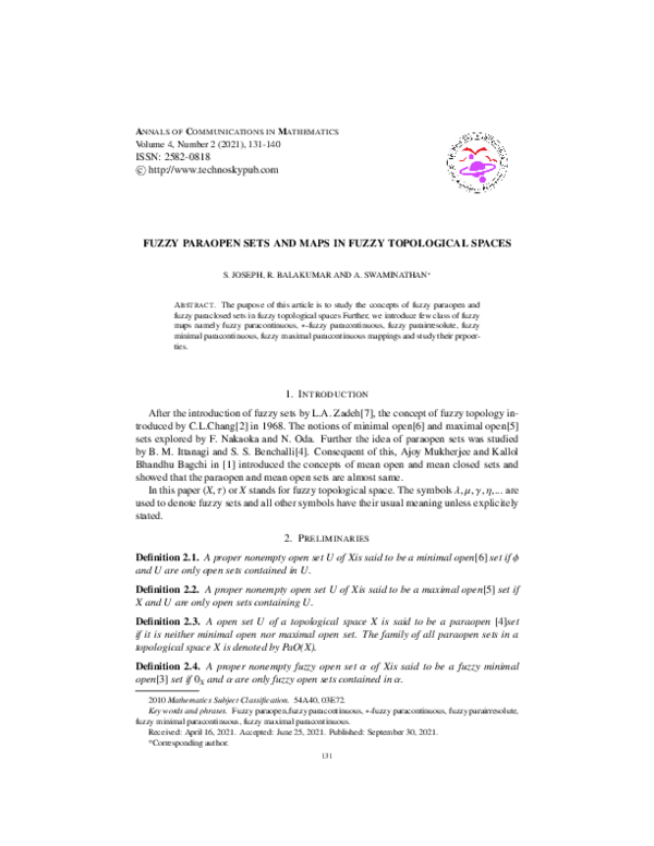 (PDF) Fuzzy Paraopen Sets and Maps in Fuzzy Topological Spaces