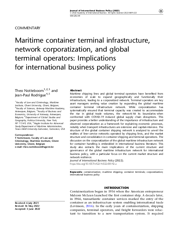 (PDF) Maritime container terminal infrastructure, network corporatization, and global terminal ...