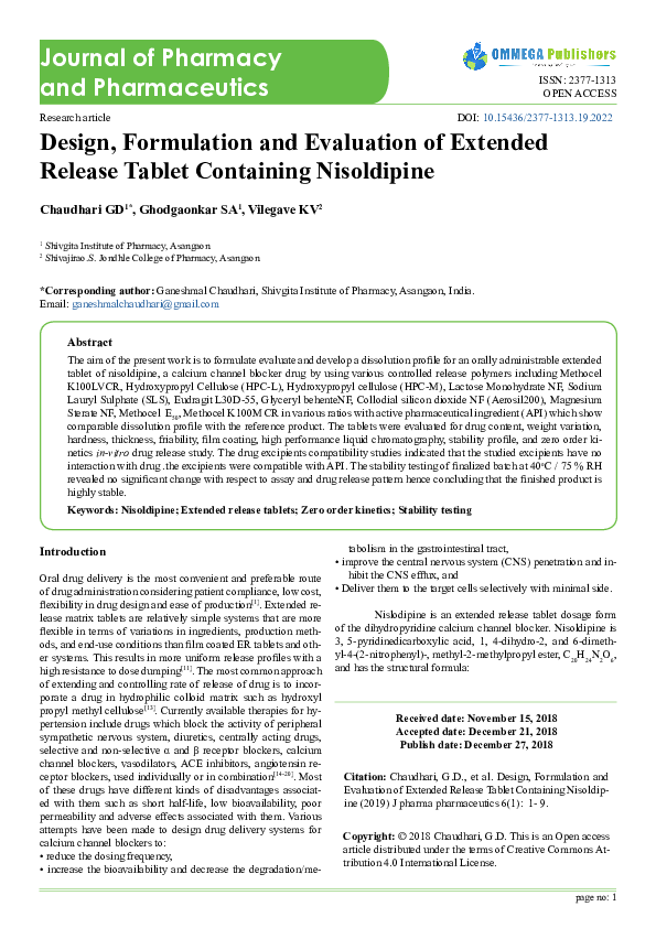 Pdf Design Formulation And Evaluation Of Extended Release Tablet Containing Nisoldipine