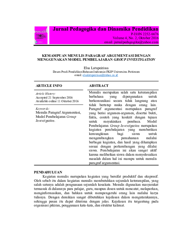 (PDF) Kemampuan Menulis Paragraf Argumentasi Dengan Menggunakan Model ...