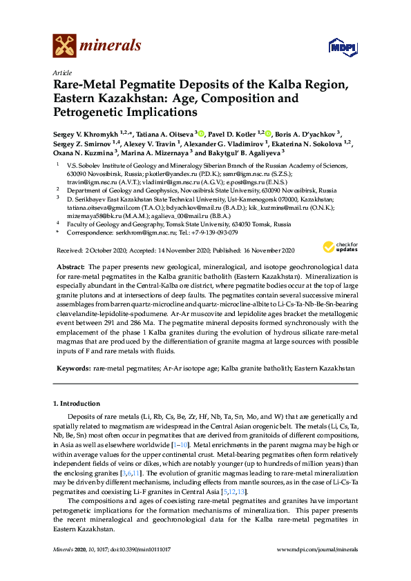 (PDF) Rare-Metal Pegmatite Deposits of the Kalba Region, Eastern Kazakhstan: Age, Composition ...