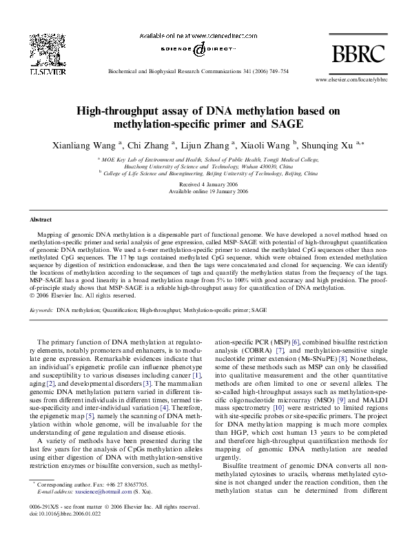 (PDF) High-throughput assay of DNA methylation based on methylation-specific primer and SAGE ...
