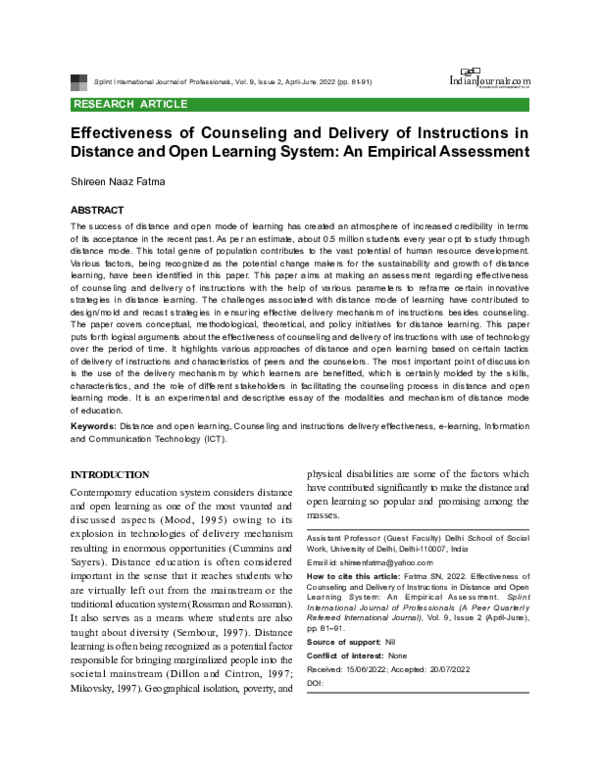 (PDF) Effectiveness of Counseling and Delivery of Instructions in Distance and Open Learning ...