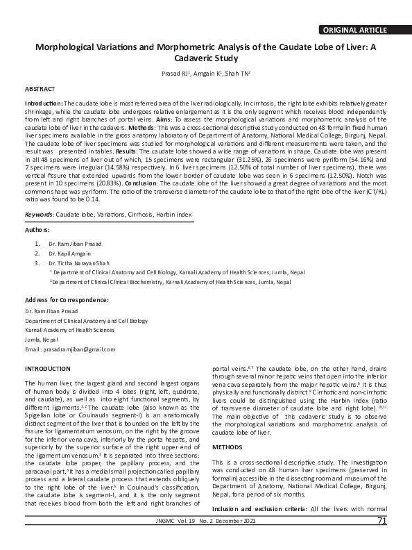 (PDF) Morphological Variations and Morphometric Analysis of the Caudate Lobe of Liver: A ...