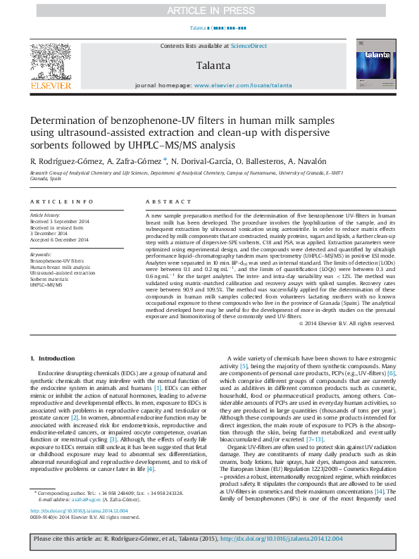 (PDF) Determination of benzophenone-UV filters in human milk samples ...