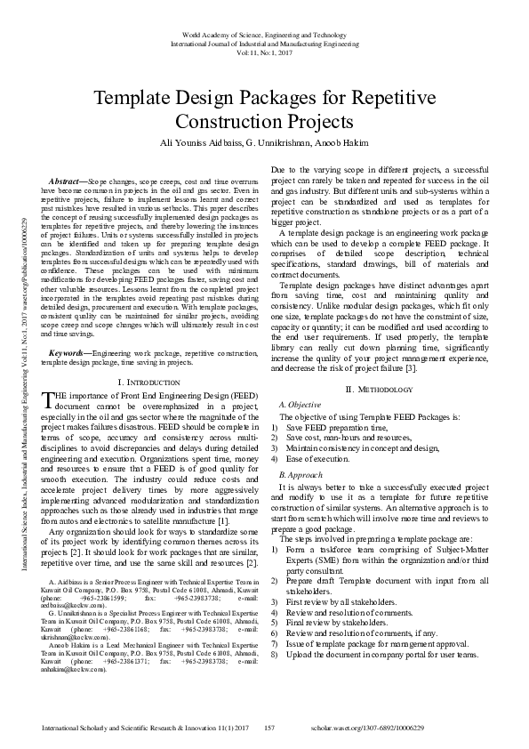 (PDF) Template Design Packages For Repetitive Construction Projects