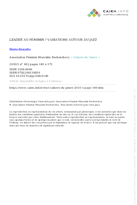 (PDF) Leader au féminin ? Variations autour du jazz | Marie Buscatto ...