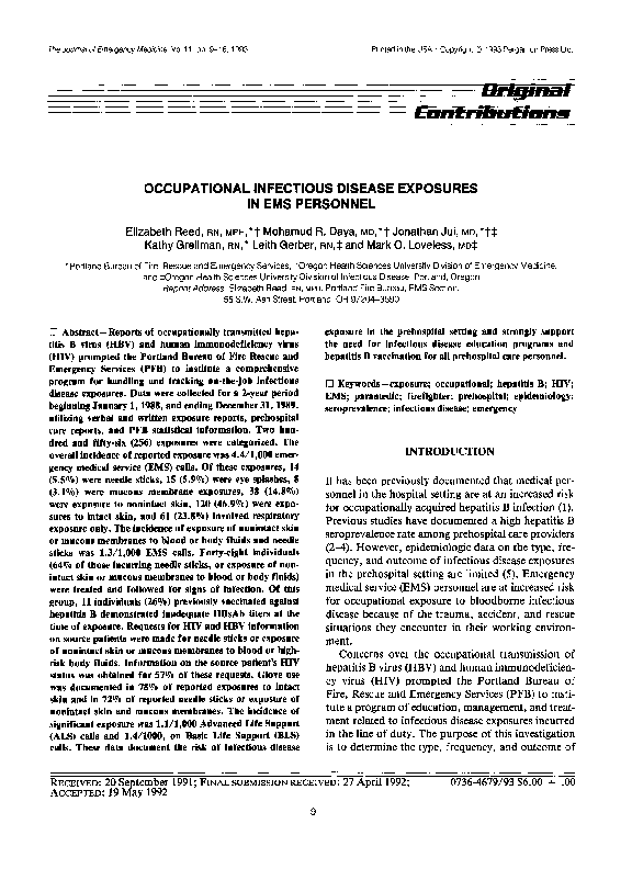 (PDF) Occupational infectious disease exposures in EMS personnel