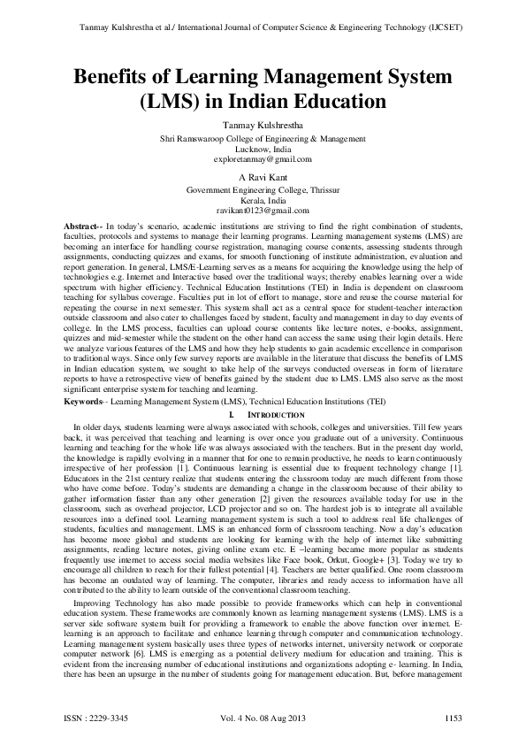 (PDF) Benefits of Learning Management System (LMS) in Indian Education