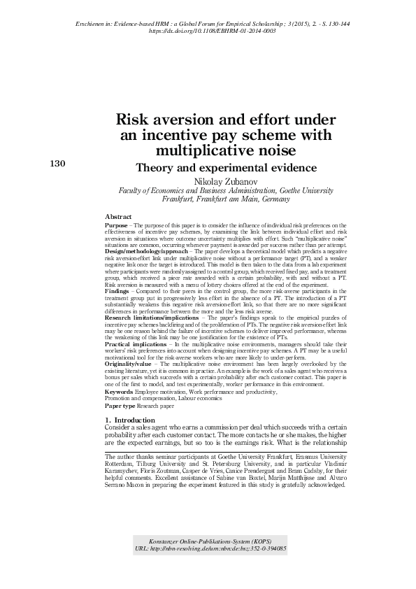 (PDF) Risk aversion and effort under an incentive pay scheme with ...
