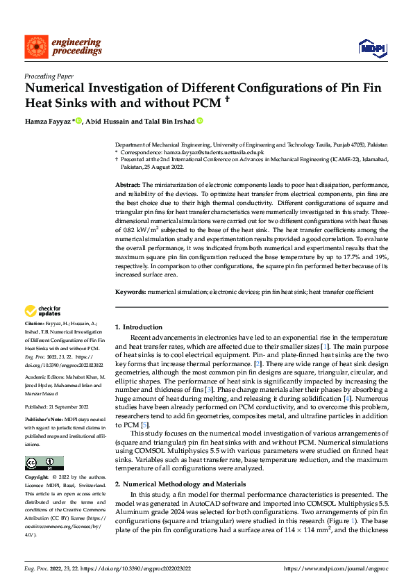 (PDF) Numerical Investigation of Different Configurations of Pin Fin Heat Sinks with and without PCM