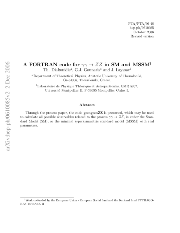 (PDF) A FORTRAN code for γγ→ZZ in SM and MSSM