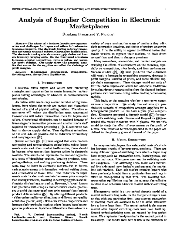 (PDF) Analysis of supplier competition in electronic marketplaces