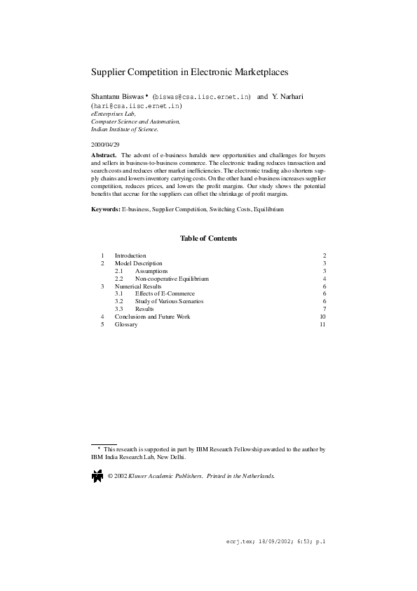 (PDF) Supplier Competition in Electronic Marketplaces