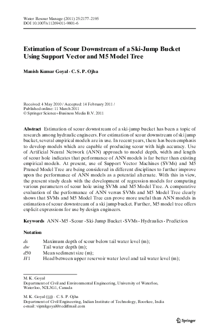 Pdf Estimation Of Scour Downstream Of A Ski Jump Bucket Using Support Vector And M5 Model Tree