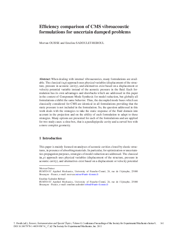 (PDF) Efficiency comparison of CMS vibroacoustic formulations for uncertain damped problems