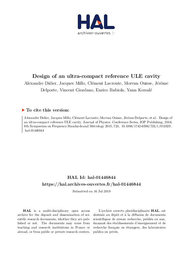 (PDF) Design of an ultra-compact reference ULE cavity