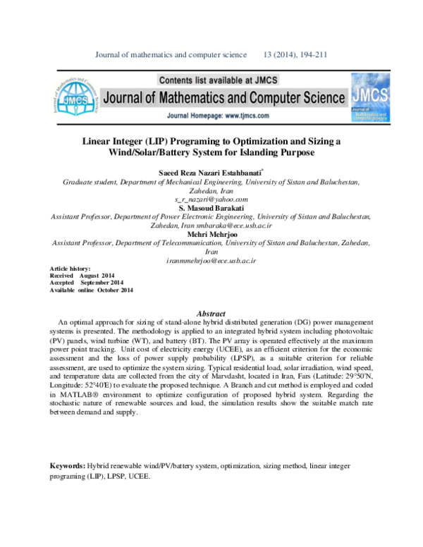 Pdf Linear Integer Lip Programing To Optimization And Sizing A