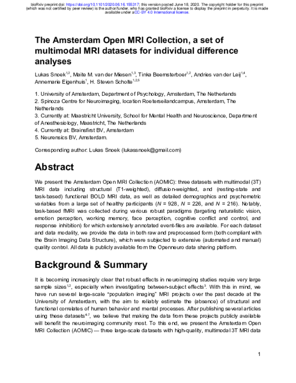 (PDF) The Amsterdam Open MRI Collection, a set of multimodal MRI ...