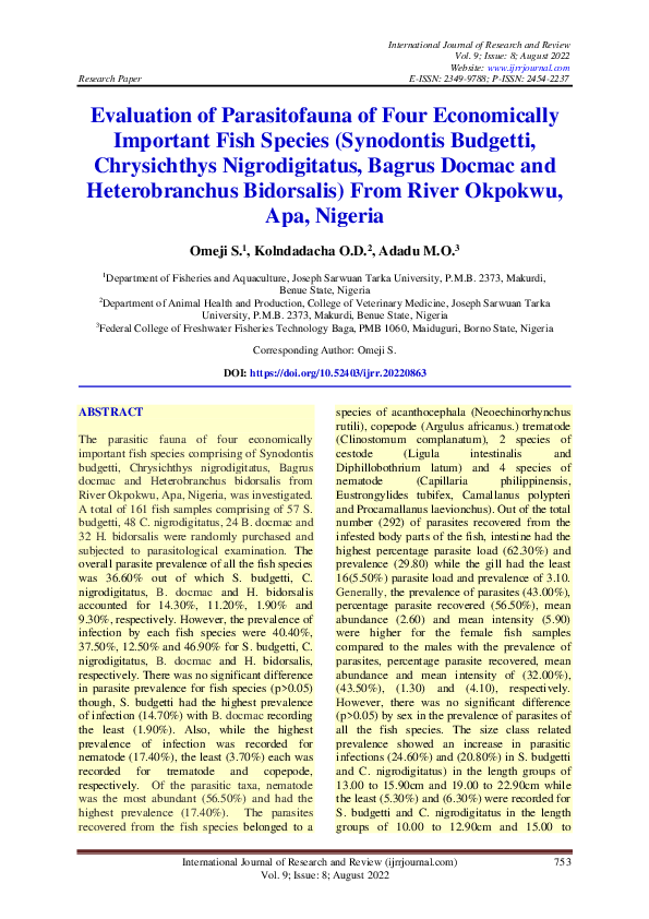 (PDF) Evaluation of Parasitofauna of Four Economically Important Fish ...