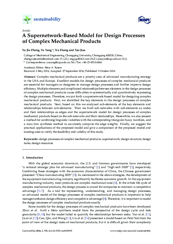 (PDF) A Supernetwork-Based Model for Design Processes of Complex Mechanical Products | Yao Jiao ...