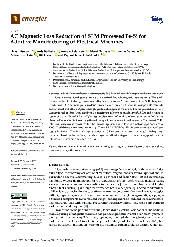 (PDF) AC Magnetic Loss Reduction of SLM Processed Fe-Si for Additive ...