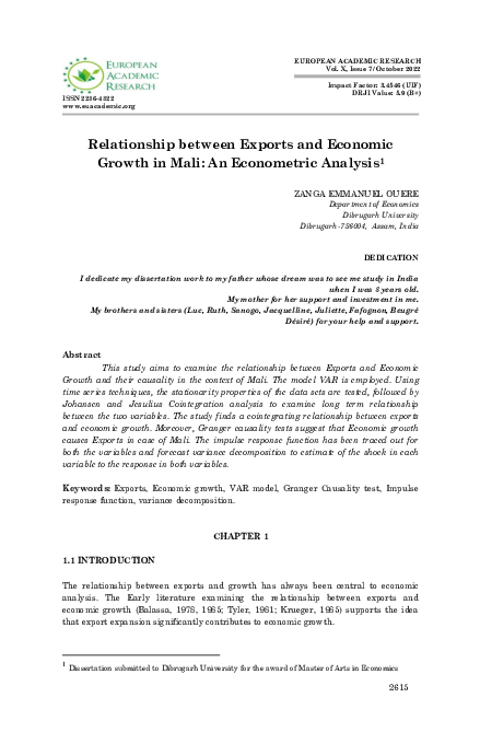 (PDF) Relationship between Exports and Economic Growth in Mali: An ...