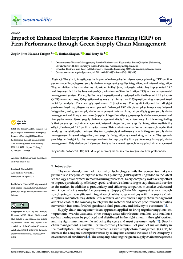 (PDF) Impact of Enhanced Enterprise Resource Planning (ERP) on Firm Performance through Green ...