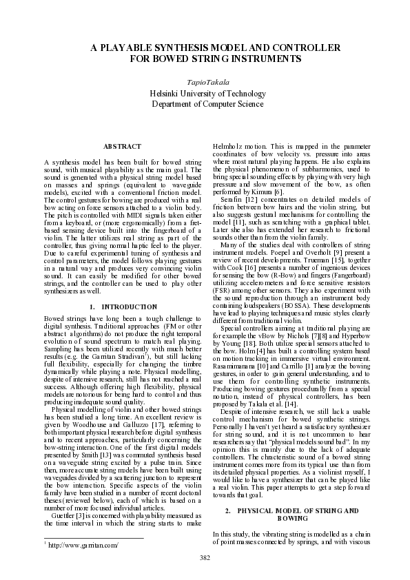 (PDF) A Playable synthesis Model and controller for Bowed String Instruments