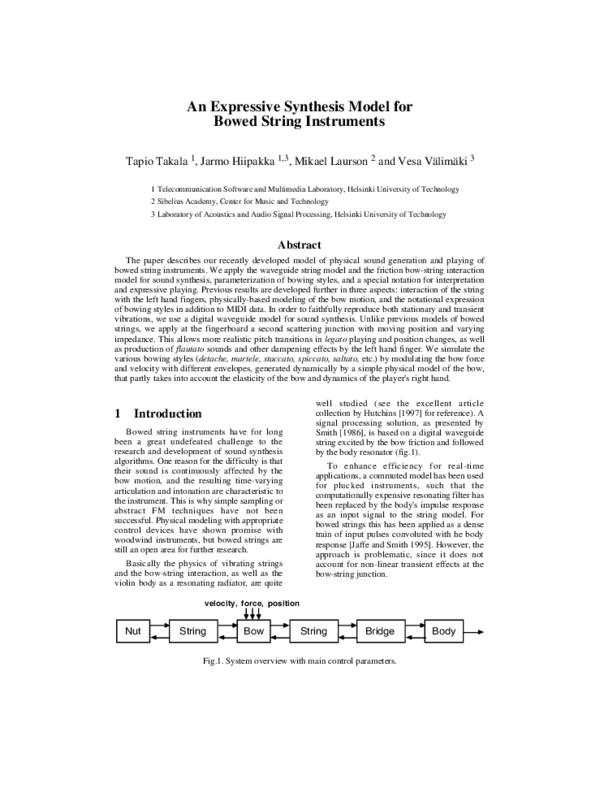 Pdf An Expressive Synthesis Model For Bowed String Instruments