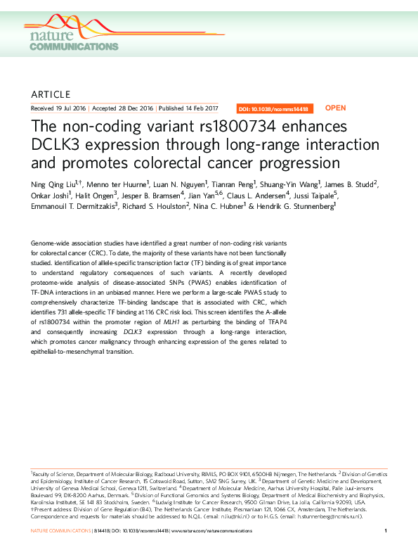 (PDF) The non-coding variant rs1800734 enhances DCLK3 expression ...