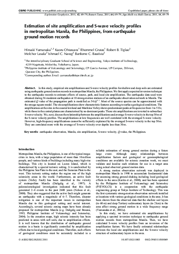 (PDF) Estimation of site amplification and S-wave velocity profiles in metropolitan Manila, the ...