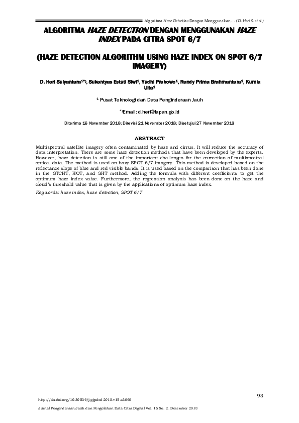 Pdf Algoritma Haze Detection Dengan Menggunakan Haze Index Pada Citra Spot 67 Haze