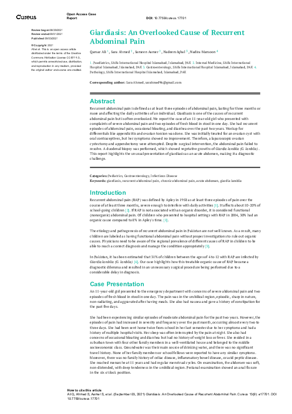 (PDF) Giardiasis: An Overlooked Cause of Recurrent Abdominal Pain