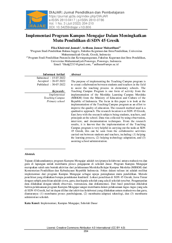 (PDF) Implementasi Program Kampus Mengajar Dalam Meningkatkan Mutu Pendidikan di SDN 45 Gresik