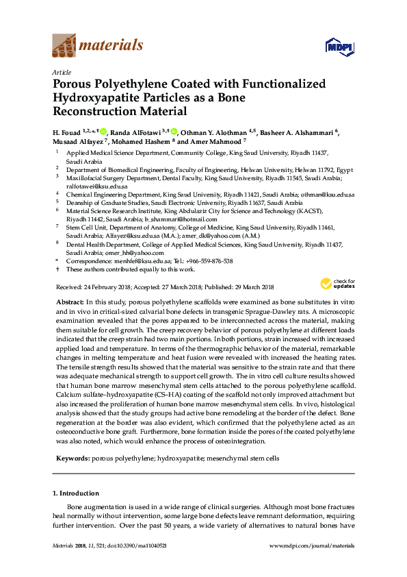 (PDF) Porous Polyethylene Coated with Functionalized Hydroxyapatite ...