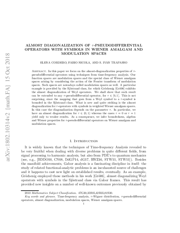 (PDF) Almost Diagonalization of $$\tau $$ τ -Pseudodifferential Operators with Symbols in Wiener ...