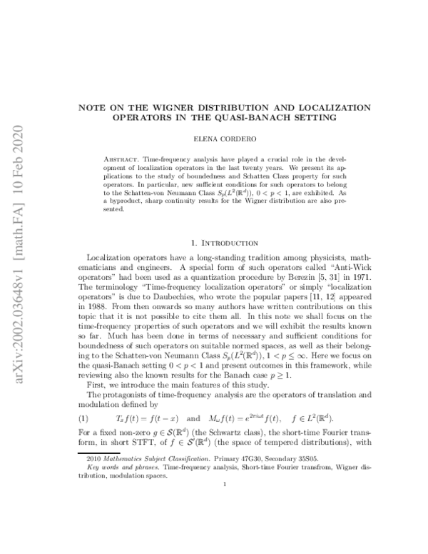 (PDF) Note on the Wigner Distribution and Localization Operators in the Quasi-Banach Setting