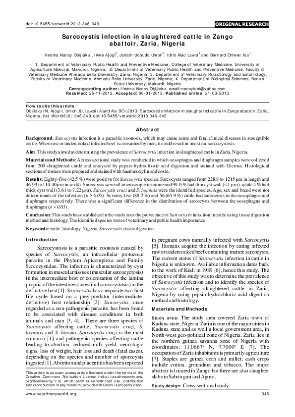 (PDF) Sarcocystis infection in slaughtered cattle in Zango abattoir ...