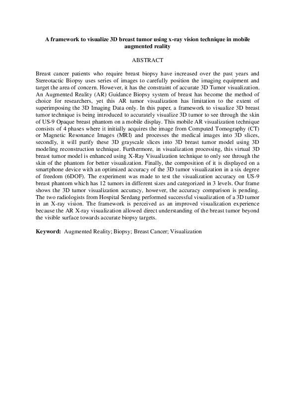 Pdf A Framework To Visualize 3 D Breast Tumor Using X Ray Vision Technique In Mobile Augmented
