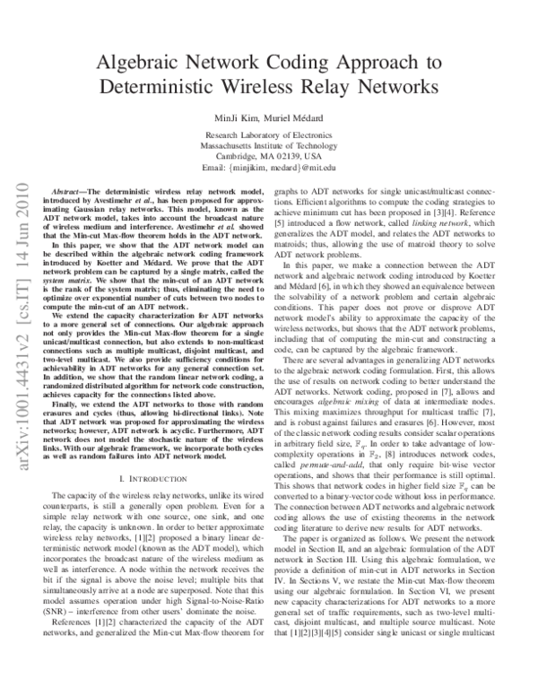 Pdf Algebraic Network Coding Approach To Deterministic Wireless Relay