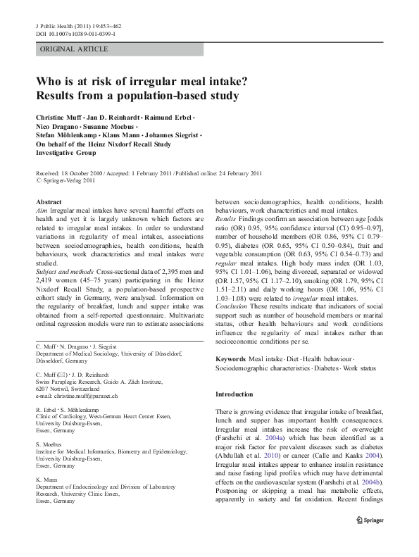 (PDF) Who is at risk of irregular meal intake? Results from a ...