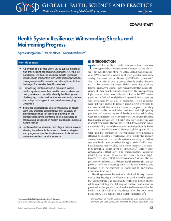 (PDF) Health System Resilience: Withstanding Shocks and Maintaining ...