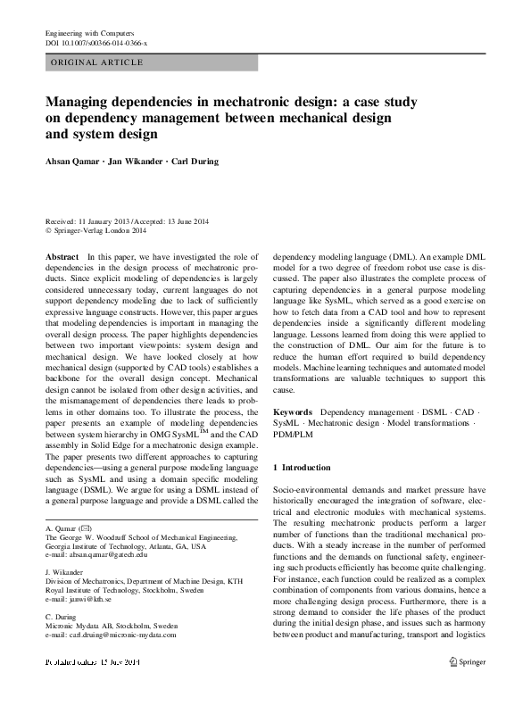 (PDF) Managing dependencies in mechatronic design: a case study on ...