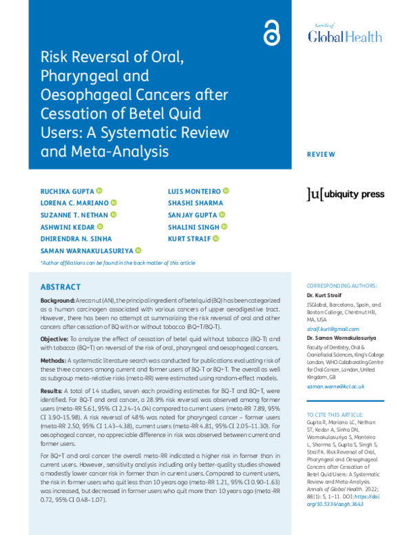 (PDF) Risk Reversal of Oral, Pharyngeal and Oesophageal Cancers after Cessation of Betel Quid ...