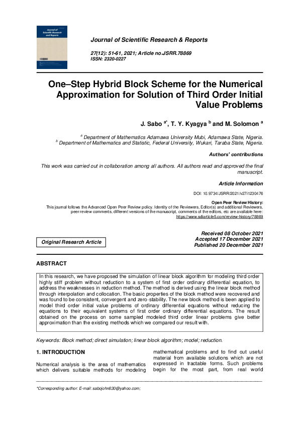 (PDF) One–Step Hybrid Block Scheme for the Numerical Approximation for ...
