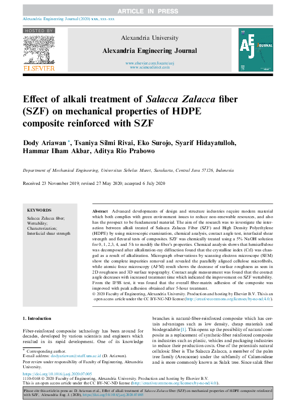 (PDF) Effect of alkali treatment of Salacca Zalacca fiber (SZF) on mechanical properties of HDPE ...