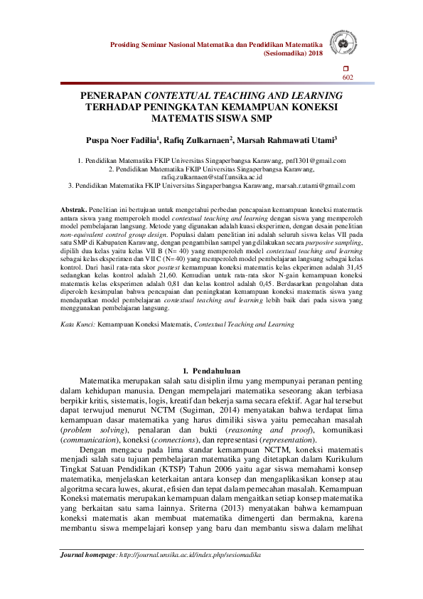 (PDF) Penerapan Contextual Teaching and Learning Terhadap Peningkatan Kemampuan Koneksi ...