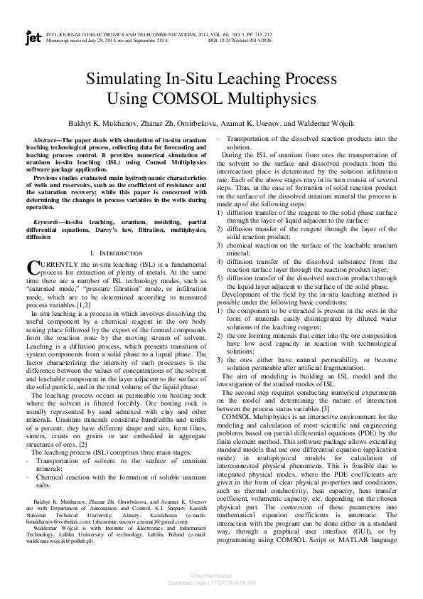 Pdf Simulating In Situ Leaching Process Using Comsol Multiphysics