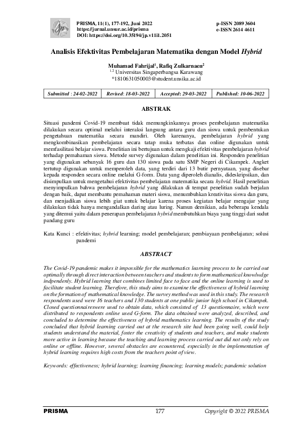 (PDF) Analisis Efektivitas Pembelajaran Matematika dengan Model Hybrid